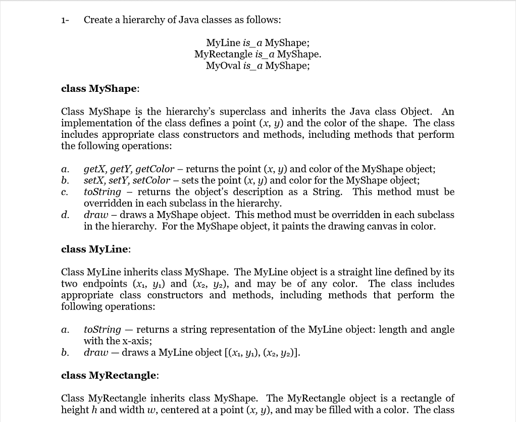 1- Create a hierarchy of Java classes as follows: | Chegg.com