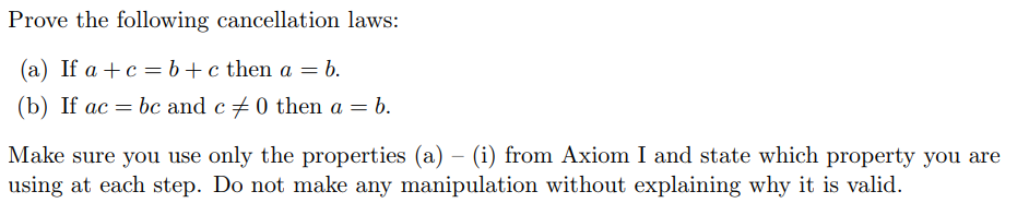 Solved Prove the following cancellation laws (a) lf a + c = | Chegg.com