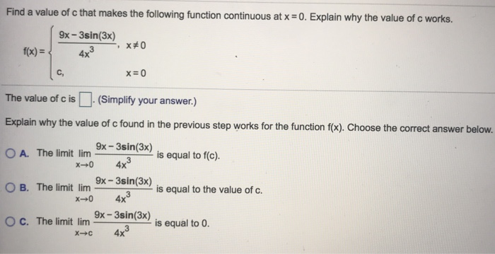 Solved Find a value of c that makes the following function | Chegg.com