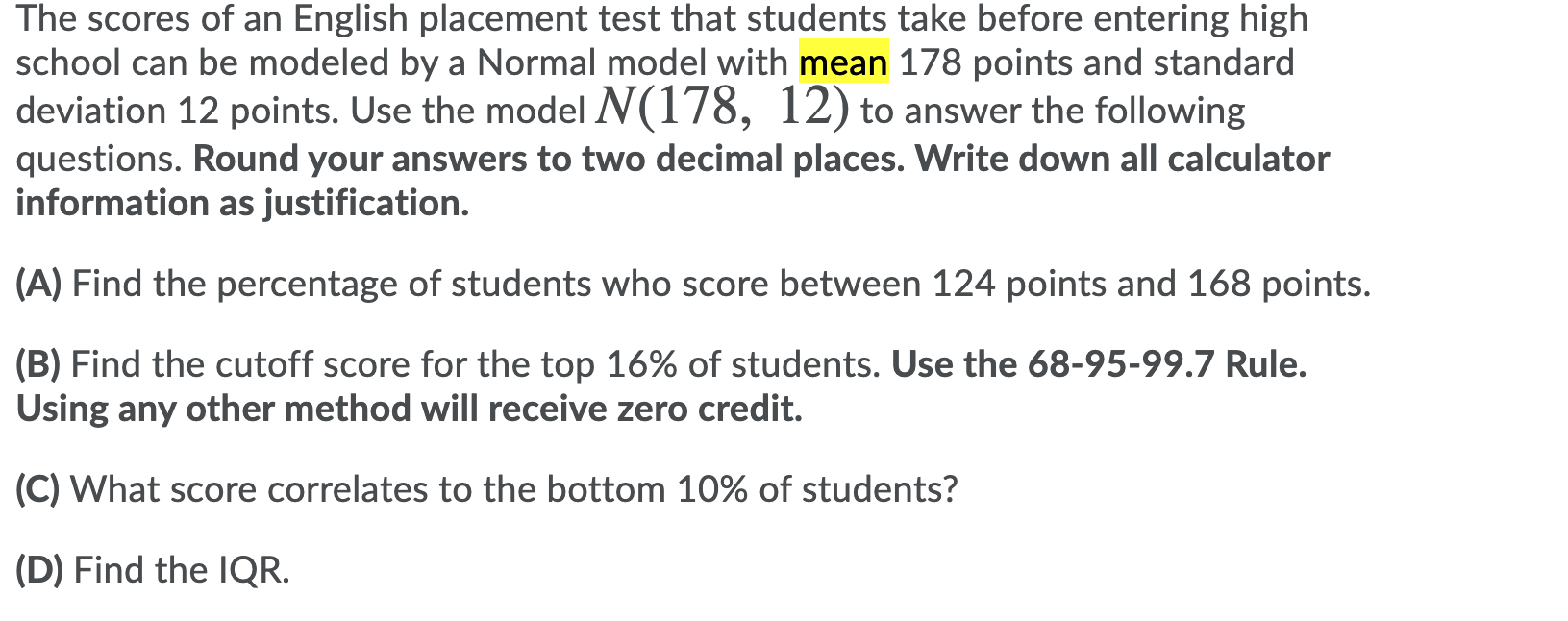 Solved The scores of an English placement test that students | Chegg.com