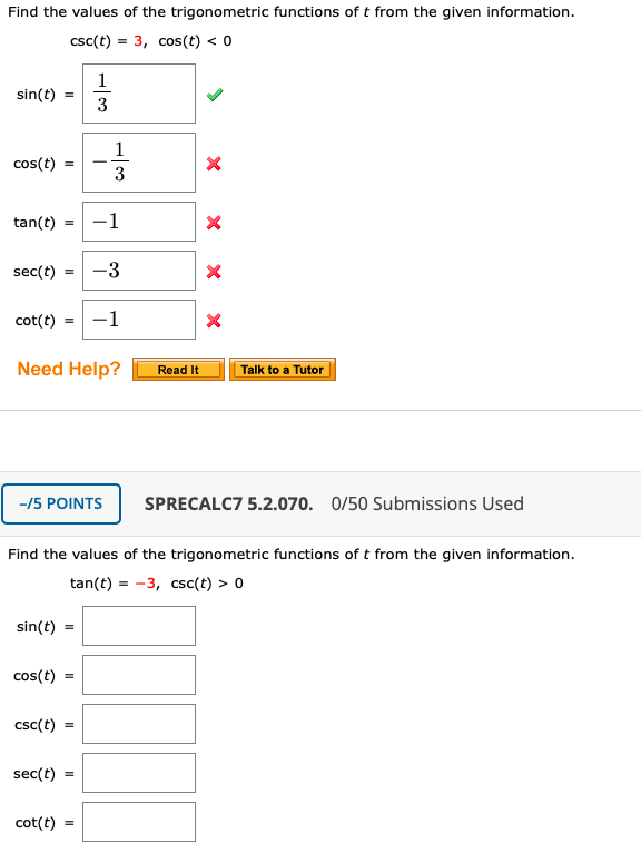 Solved Find the values of the trigonometric functions of t | Chegg.com