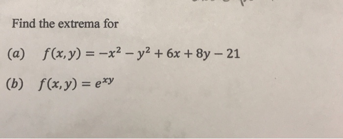 Solved Find the extrema for (a) f(x,y) -x2-y2 + 6x + 8y-21 | Chegg.com