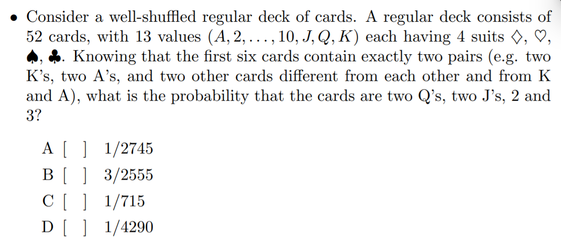 Solved How is the answer 1/4290? What I did was (4C2 x 4C2 x | Chegg.com