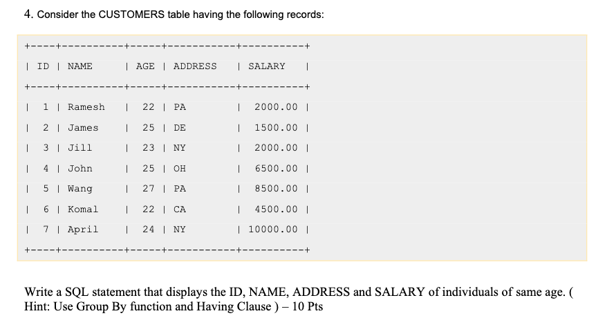 Solved 4. Consider the CUSTOMERS table having the following | Chegg.com