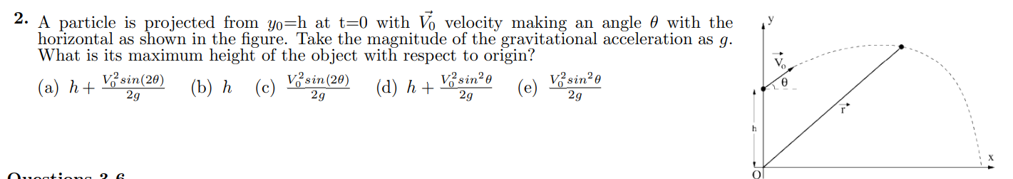 Solved 2. A particle is projected from y0=h at t=0 with V0 | Chegg.com