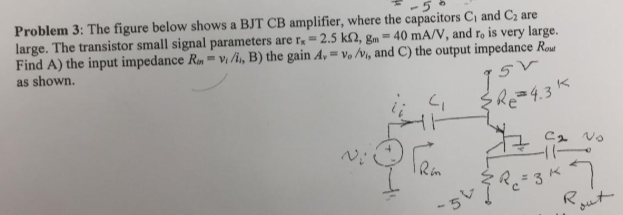 Solved Problem 3: The figure below shows a BJT CB amplifier, | Chegg.com
