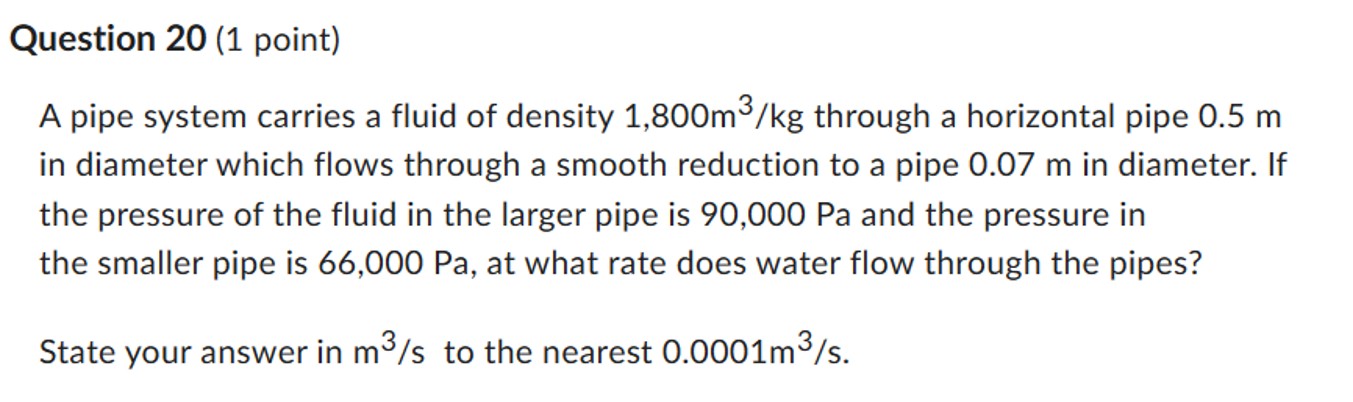 Solved Question 20 (1 ﻿point)A pipe system carries a fluid | Chegg.com