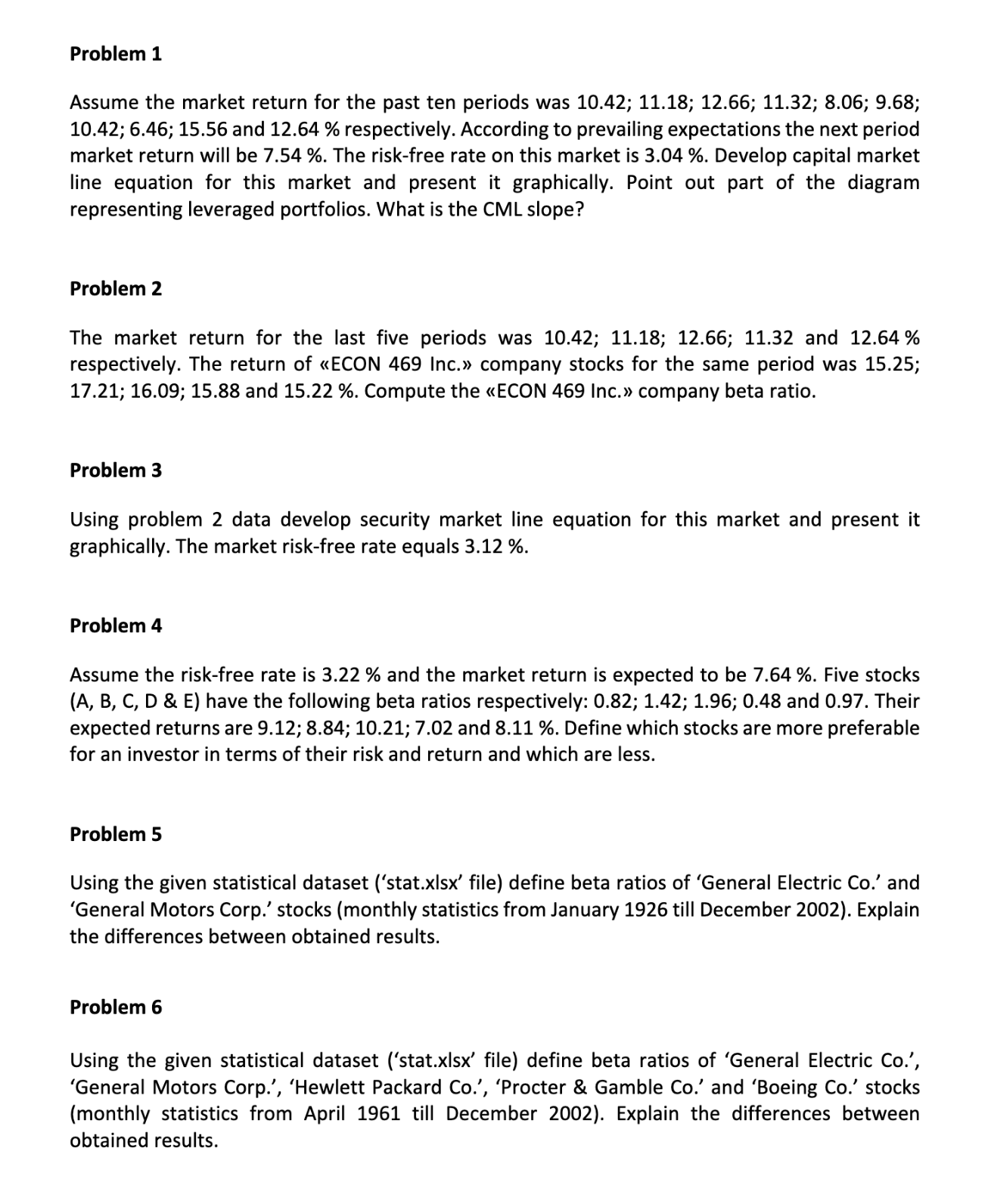 Solved Problem 1Assume the market return for the past ten | Chegg.com