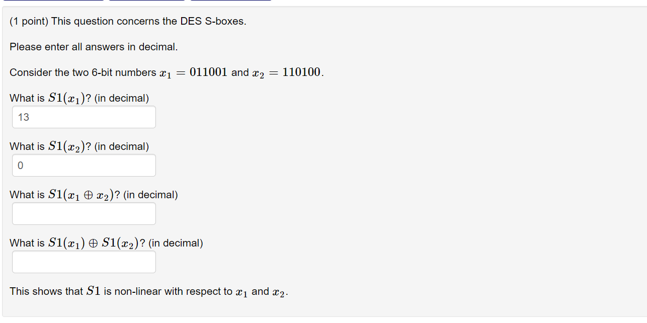 Solved (1 point) This question concerns the DES S-boxes. | Chegg.com