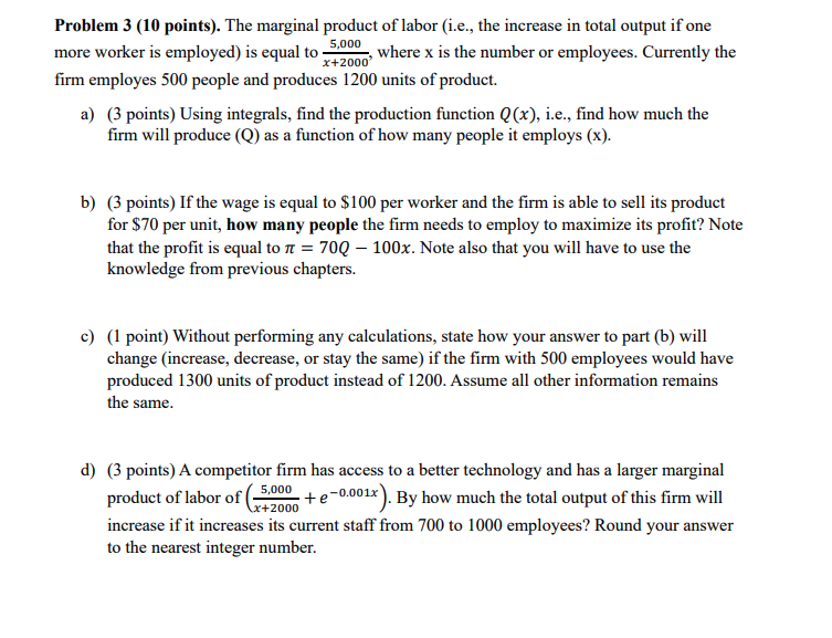 Solved Problem 3 (10 points). The marginal product of labor | Chegg.com