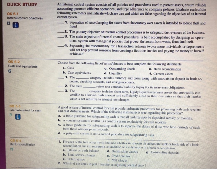 Solved Quick Study An Internal Control System Consists Of Chegg