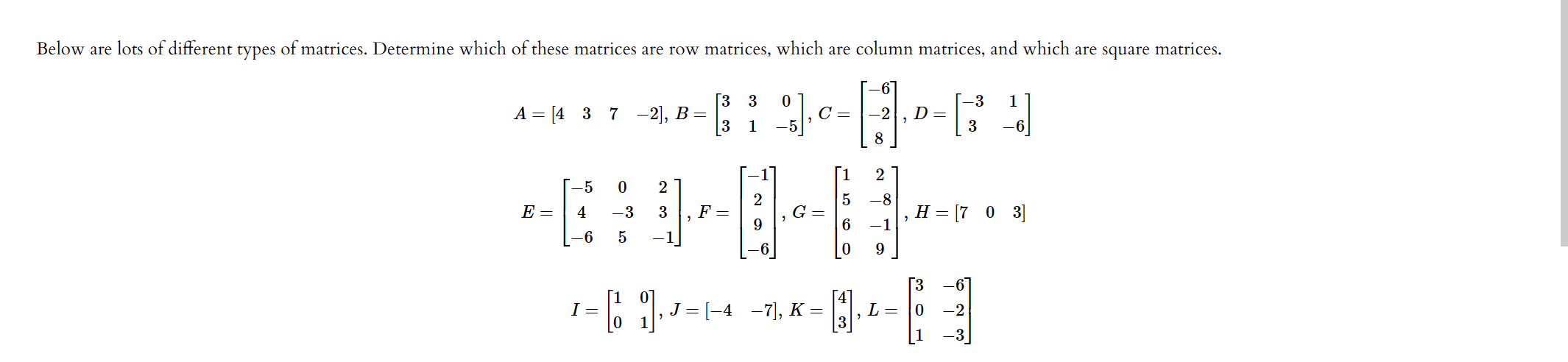 Solved Below are lots of different types of matrices. | Chegg.com