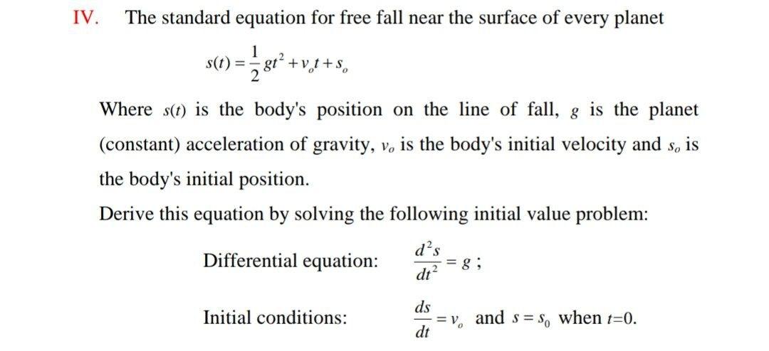 Solved IV. The standard equation for free fall near the | Chegg.com