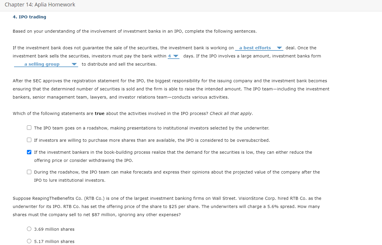 Chapter 14: Aplia Homework 4. IPO trading Based on | Chegg.com
