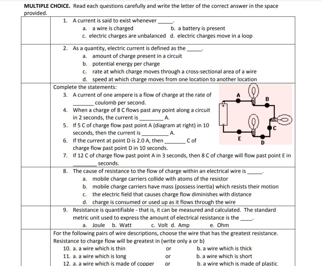 Solved MULTIPLE CHOICE. Read each questions carefully and | Chegg.com
