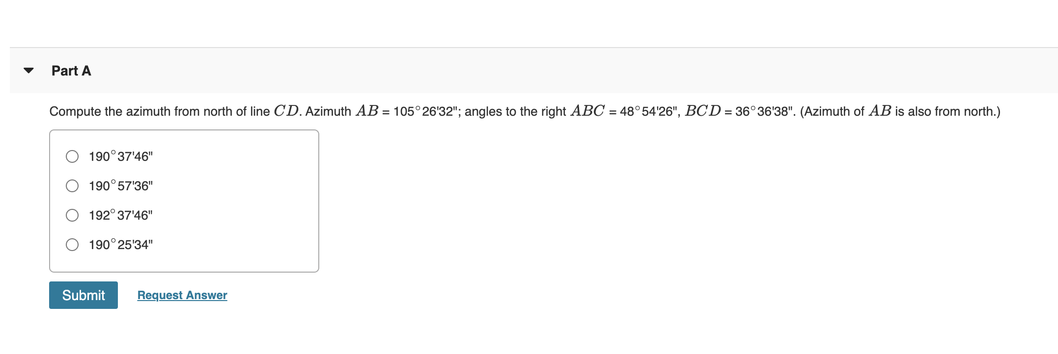 Solved Part A Compute the azimuth from north of line CD. | Chegg.com