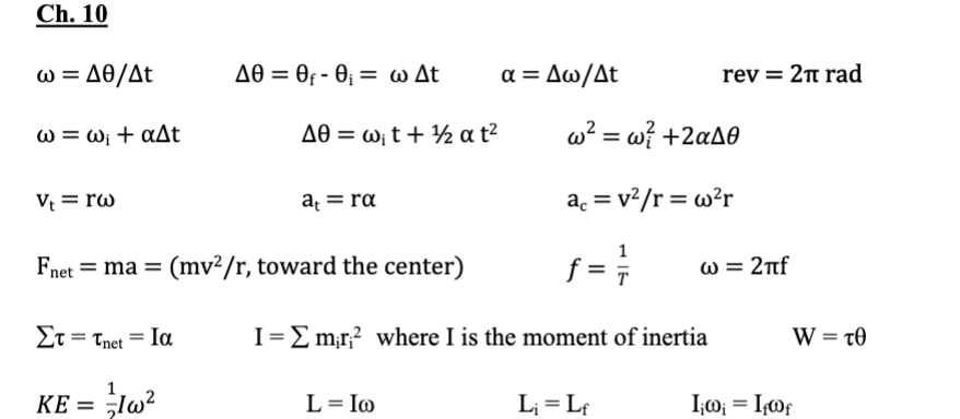 Solved Ch. 10 ω=Δθ/ΔtΔθθf−θi=ωΔtα=Δω/Δtrev=2πrad | Chegg.com