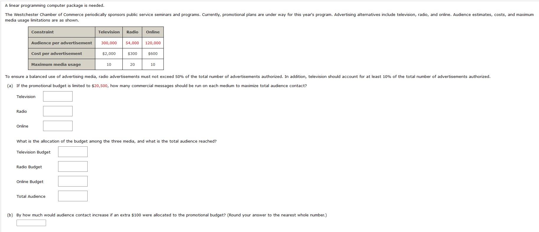 Solved A Linear Programming Computer Package Is Needed The 