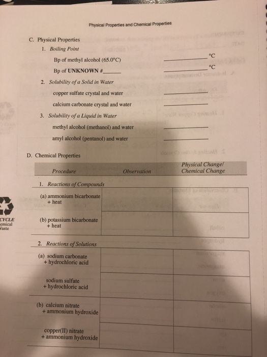Solved Physical Properties and Chemical Properbe EXPERIMENT | Chegg.com