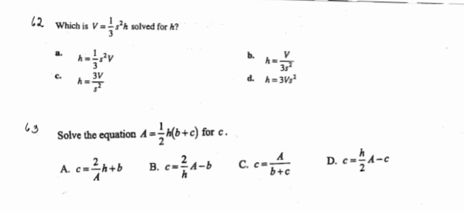 Solved 62 Which is v= *s?h solved for h? a. 42V b. c. 3V 35 | Chegg.com