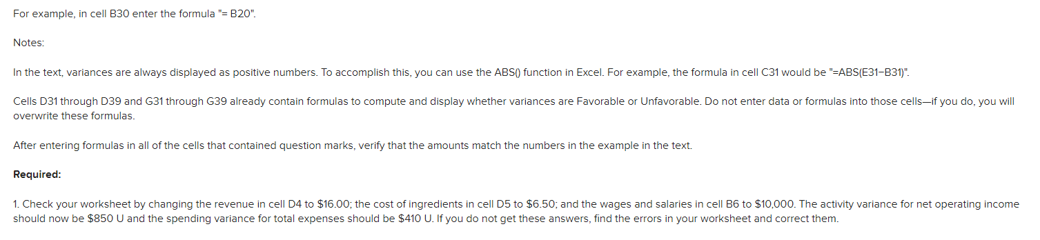 Solved For example, in cell B30 enter the formula "= B20". | Chegg.com