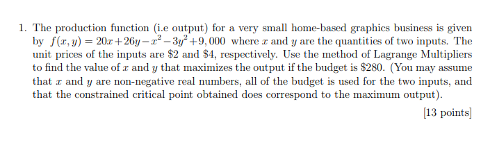 Solved The production function (i.e output) for a very small | Chegg.com