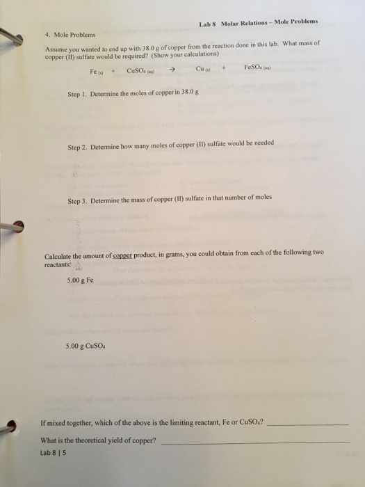 Solved Lab 8 Molar Relations - Mole Problems 4. Mole | Chegg.com