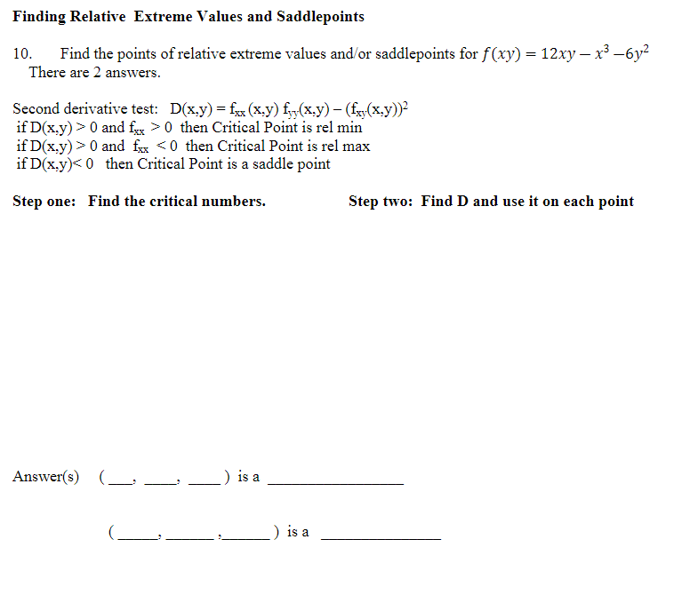Solved Finding Relative Extreme Values and Saddlepoints = | Chegg.com