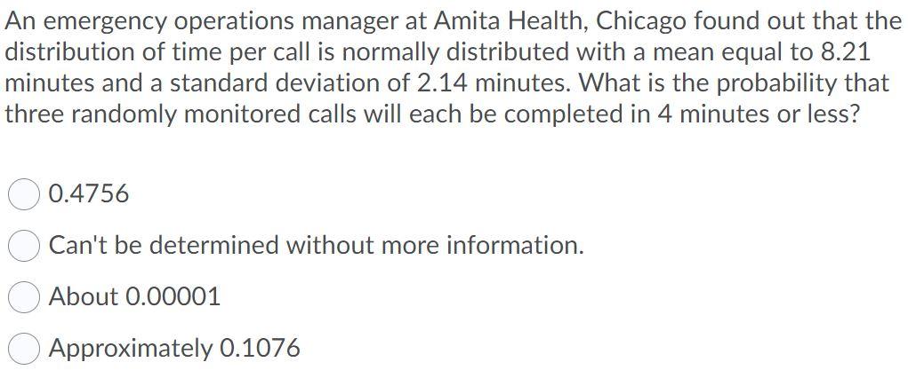 Solved An emergency operations manager at Amita Health, | Chegg.com