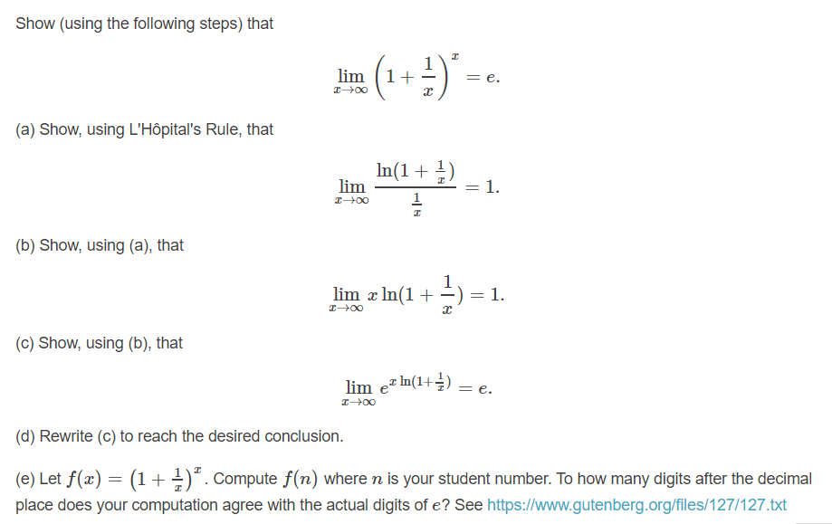 Solved Show (using the following steps) that T lim (1+ = e. | Chegg.com