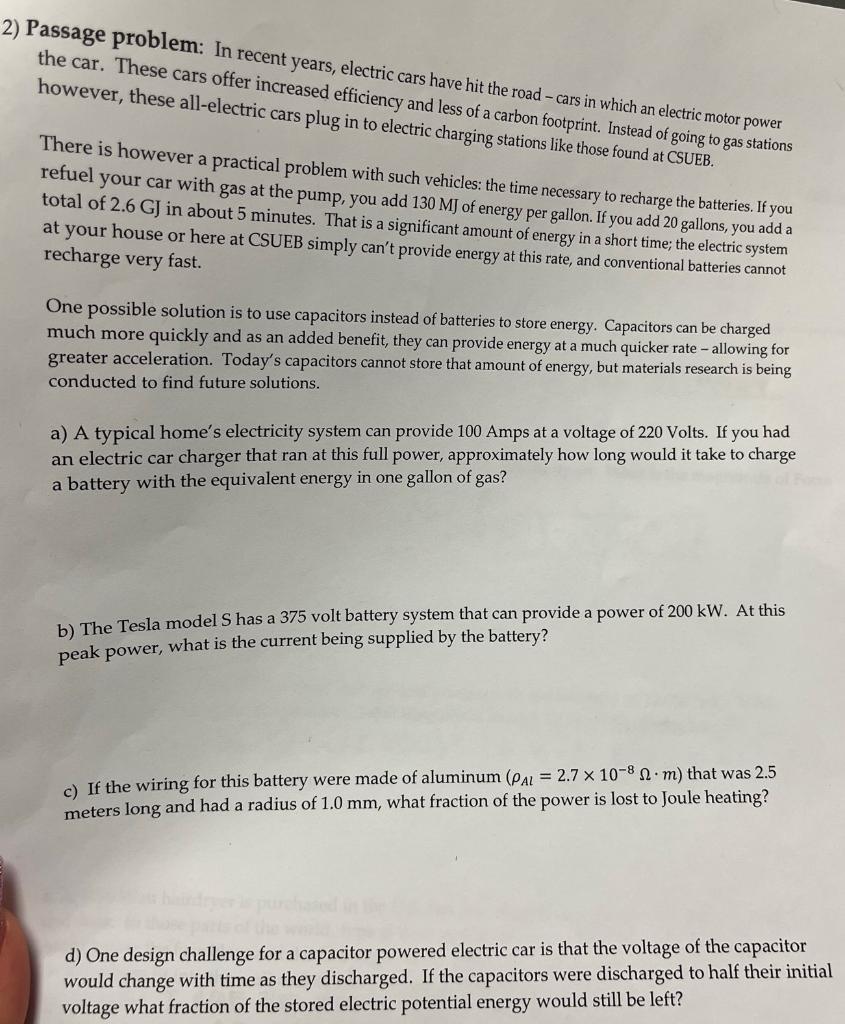Solved Passage problem: In recent years, electric cars have | Chegg.com