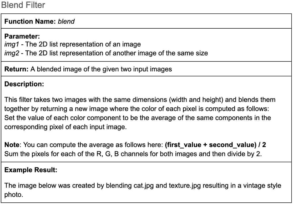 Solved Blend Filter Function Name: blend Parameter: img1 - | Chegg.com