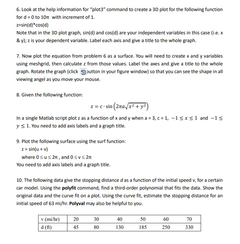 Solved 6. Look at the help information for "plot3" command | Chegg.com