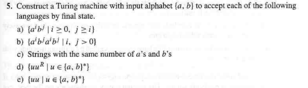 Solved 5. Construct a Turing machine with input alphabet (a, | Chegg.com