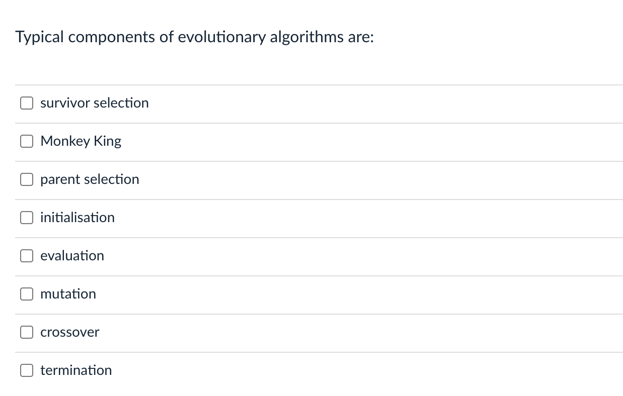 Solved Typical components of evolutionary algorithms are: | Chegg.com