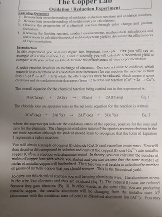 Solved The Copper Lau Oxidation /Reduction Experiment | Chegg.com