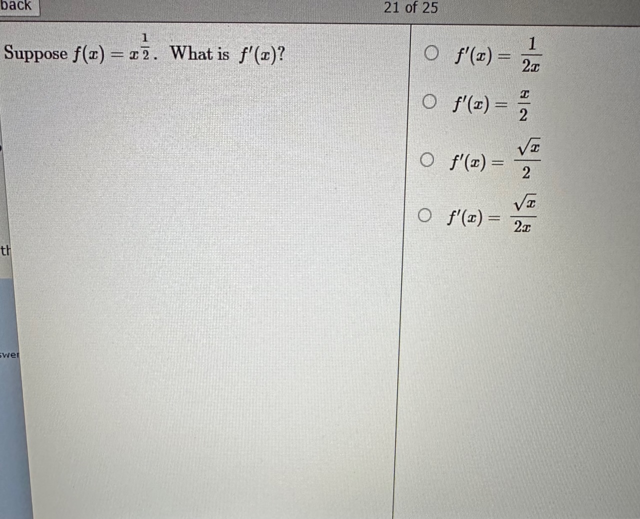 Solved 21 of 25 Suppose f(x)=x21. What is f′(x)? | Chegg.com