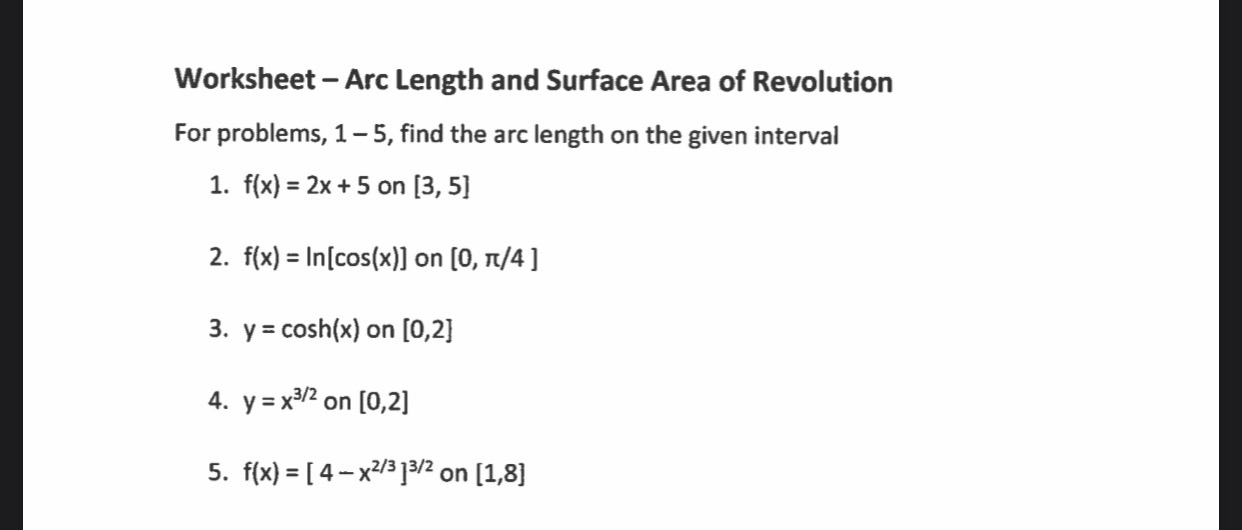 Solved Worksheet - Arc Length and Surface Area of Revolution | Chegg.com