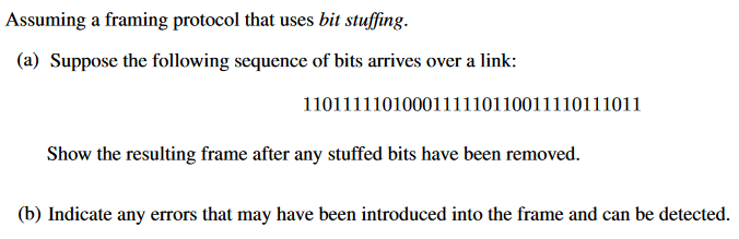 Solved Assuming a framing protocol that uses bit stuffing. | Chegg.com