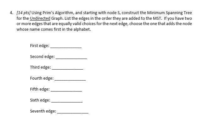 Solved 4. (14 pts] Using Prim's Algorithm, and starting with | Chegg.com