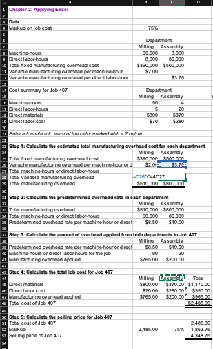 Solved 1 Chapter 2: Applying Excel Data Markup on job cost | Chegg.com