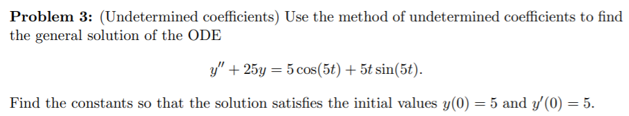 Solved Problem 3: (Undetermined coefficients. Use the method | Chegg.com