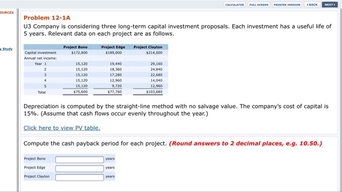 Solved Problem 12-1A U3 Company is considering three | Chegg.com