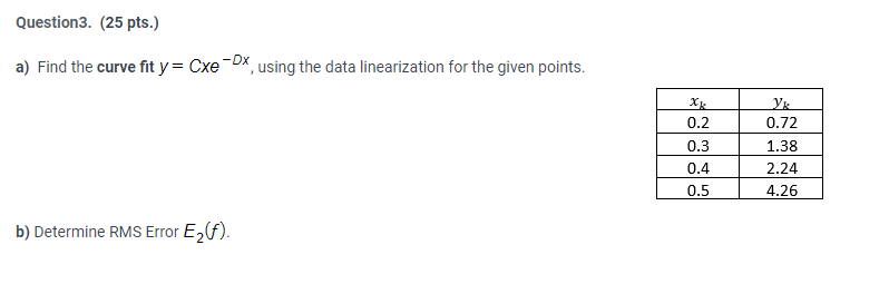 Solved Question3. (25 pts.) a) Find the curve fit y= Cxe-DX, | Chegg.com