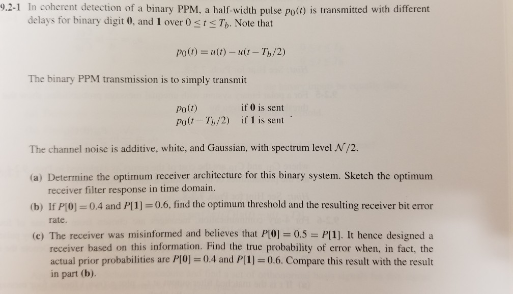 9.2-1 In coherent detection of a binary PPM, a | Chegg.com