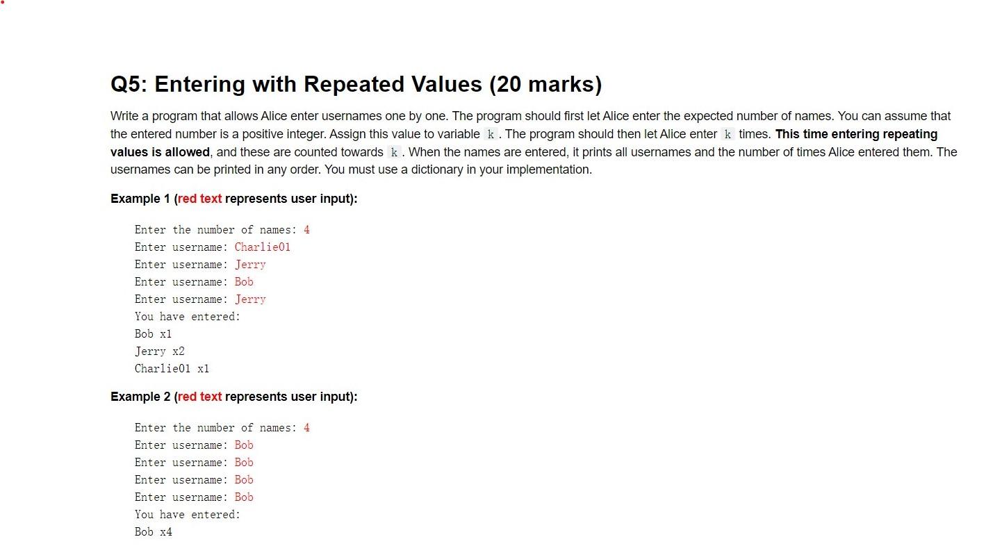 Solved Q5: Entering with Repeated Values (20 marks) Write a | Chegg.com