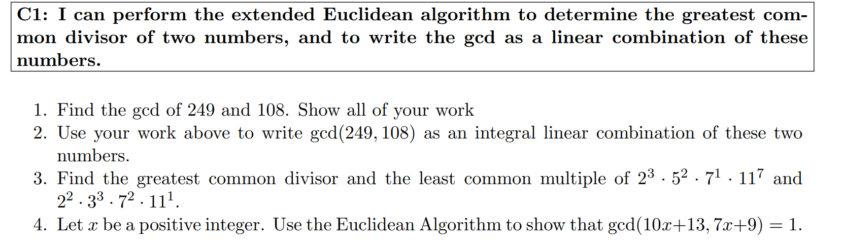 Solved C1: I can perform the extended Euclidean algorithm to | Chegg.com