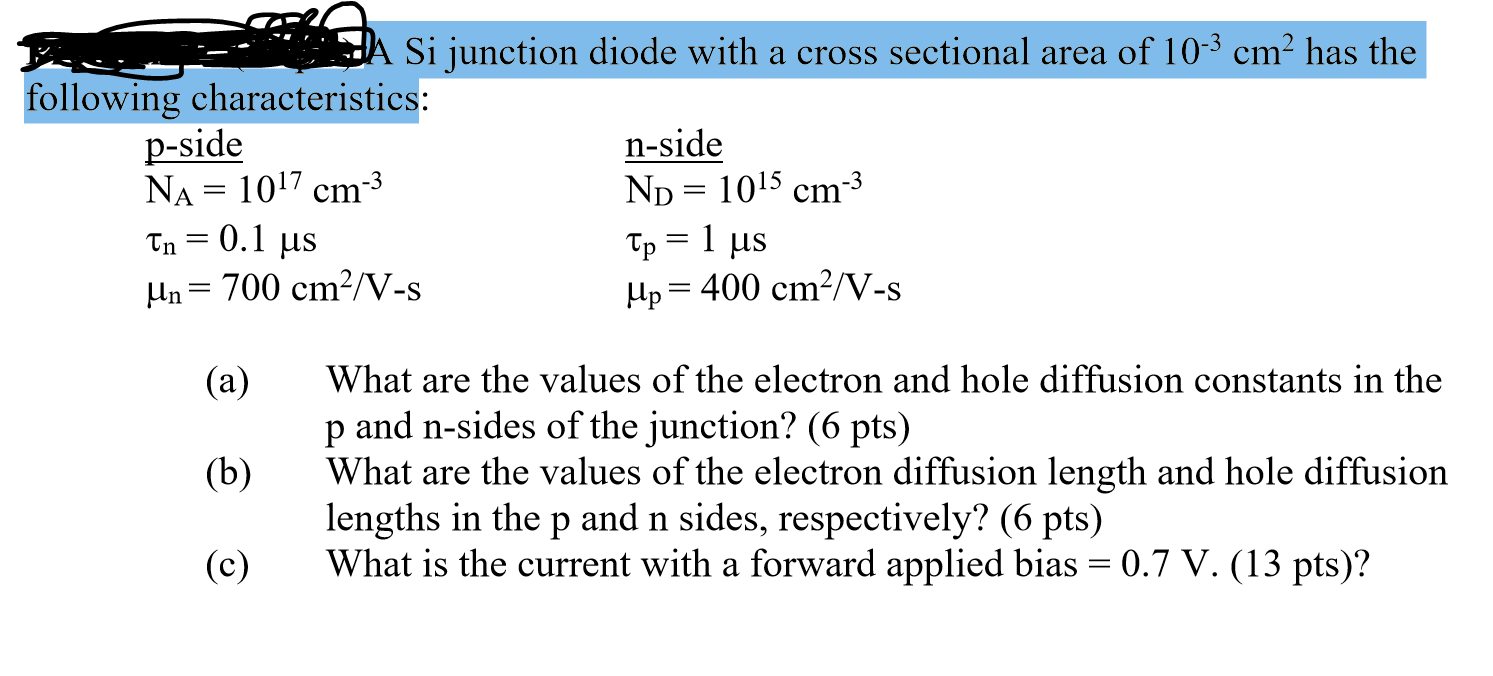 Solved A Si junction diode with a cross sectional area of | Chegg.com