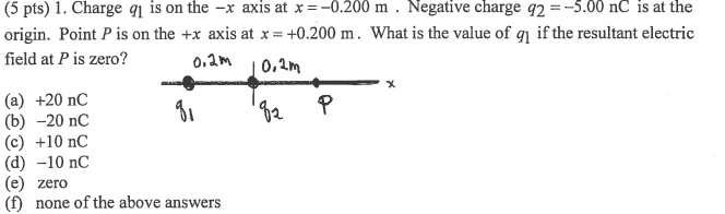 Solved (5 pts) 1. Charge q1 is on the-x axis at x =-0.200 m | Chegg.com