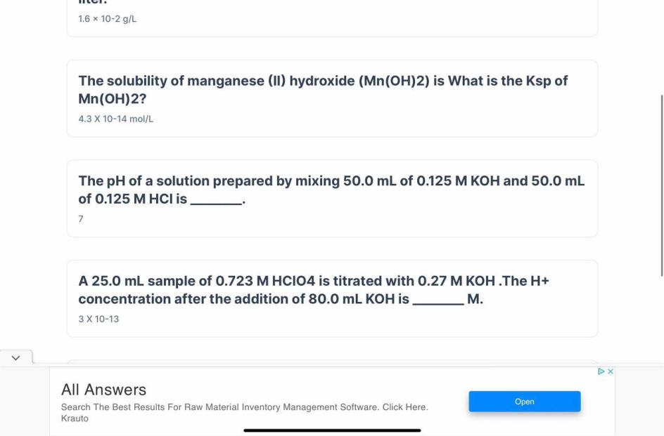 Solved The solubility of manganese (II) hydroxide (Mn(OH)2) | Chegg.com